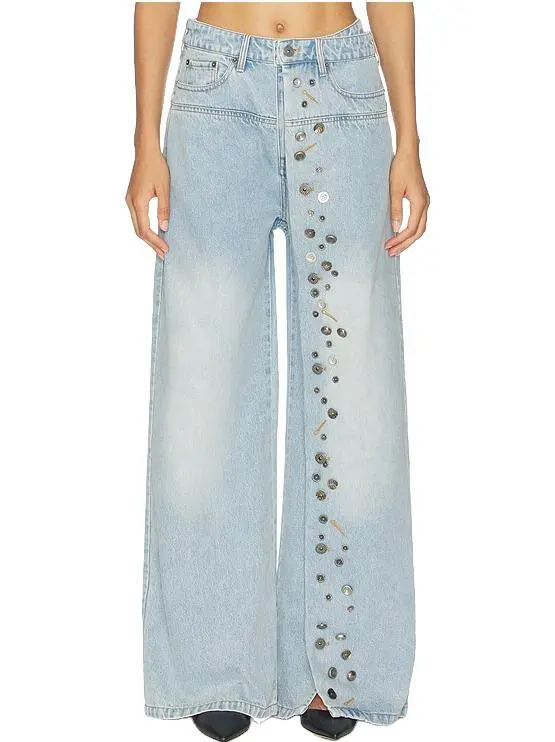 MARRKNULL Asymmetrical Metal-button Jean - Light Blue