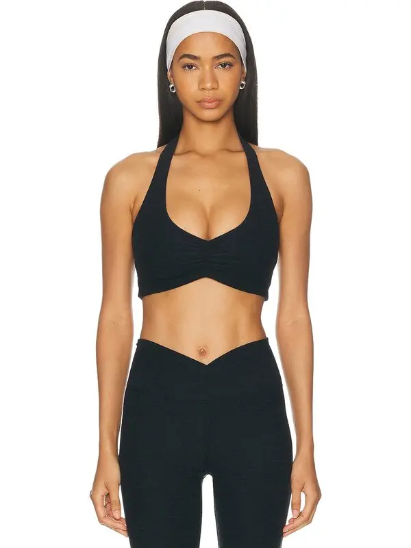 Year Of Ours Stretch Halter Bra In Charcoal - Heather Black