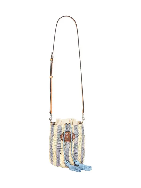 Valentino Garavani Crochet Raffia Vlogo Signature Bucket Bag - Azzurro  Naturale  Natural Camel  & Sell