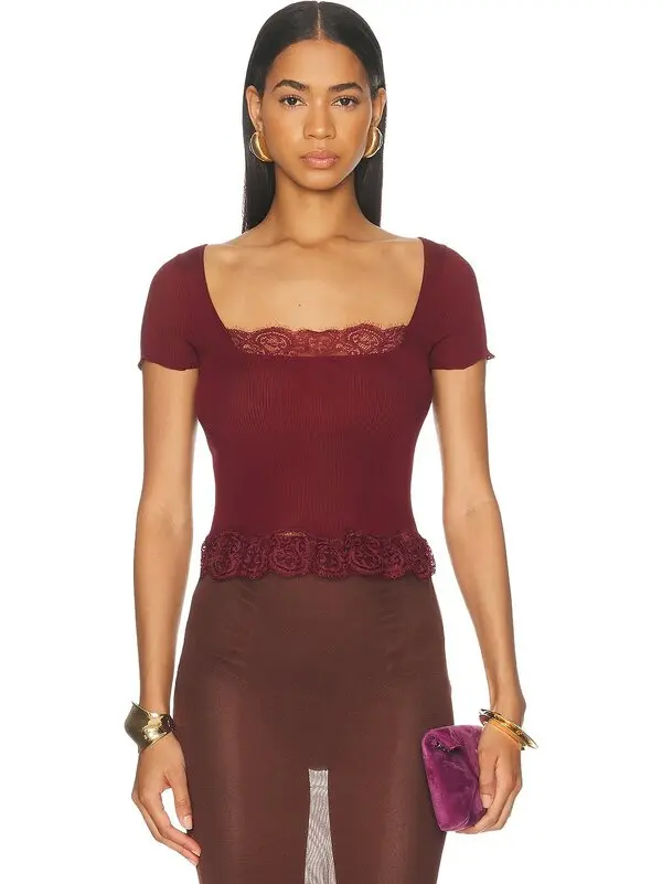 Saint Laurent Ribbed Lacy Top - Rouge Fonce