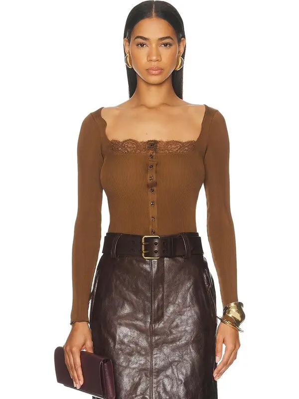 Saint Laurent Ribbed Lacy Button Up Top - Cognac