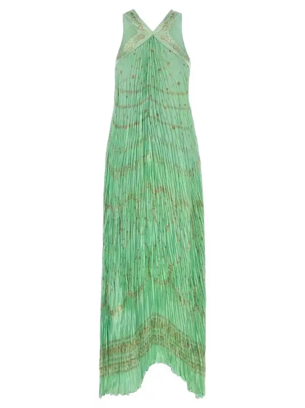 Alberta Ferretti Printed Plissé-effect Sleeveless Dress - Green