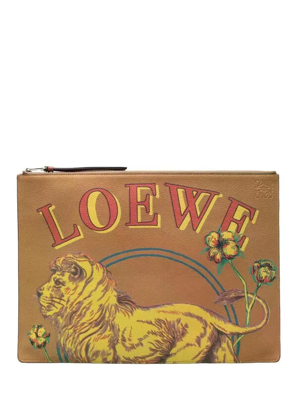 Loewe 2018 Paula's Ibiza Leather Lion And Floral Print Clutch - Brown