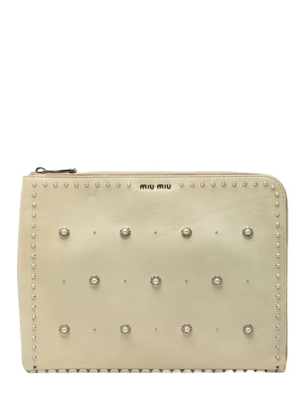Miu Miu Faux Pearl Studded Leather Clutch Bag - White