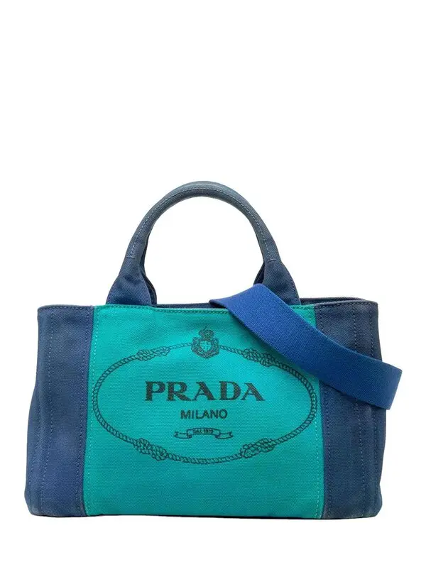 Prada Small Bicolor Canvas Canapa Logo Satchel - Blue