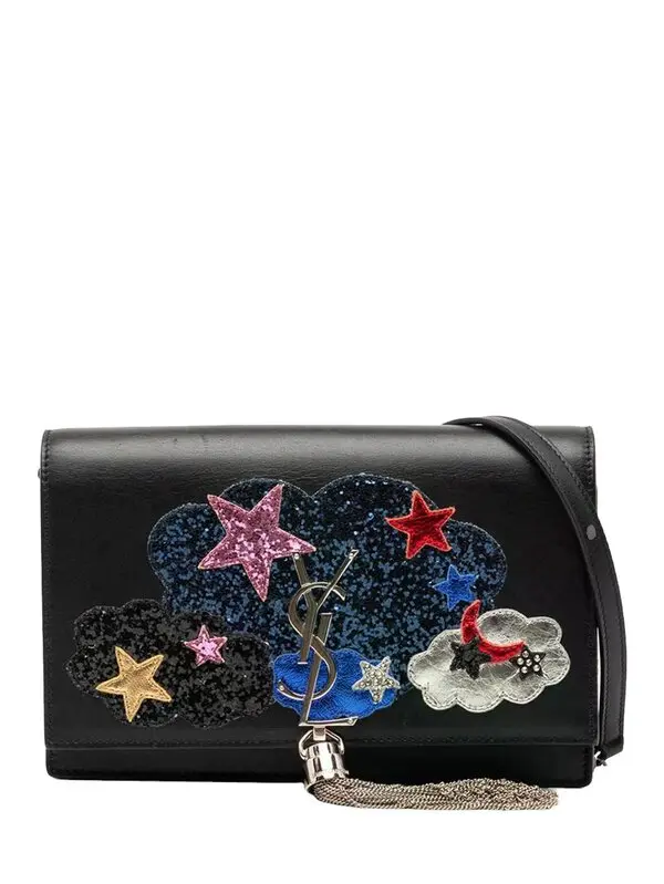 Saint Laurent Calfskin Cloud Star Applique Monogram Kate Tassel Wallet On Chain - Black