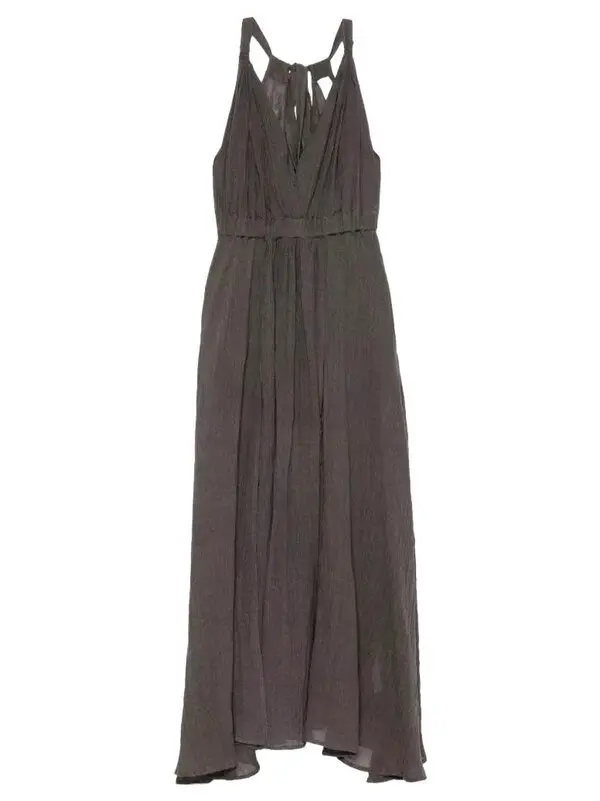 120% Lino Halterneck Pleated Maxi Dress - Brown