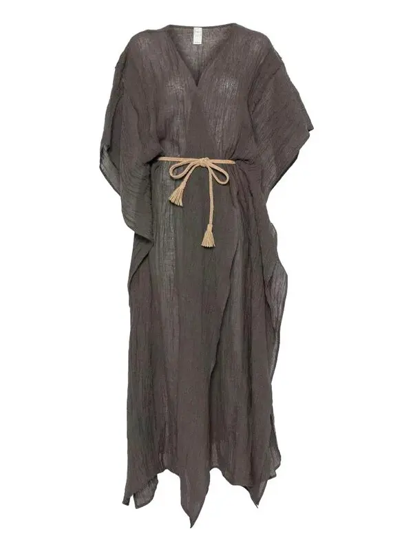 120% Lino Belted Kaftan Maxi Dress - Grey