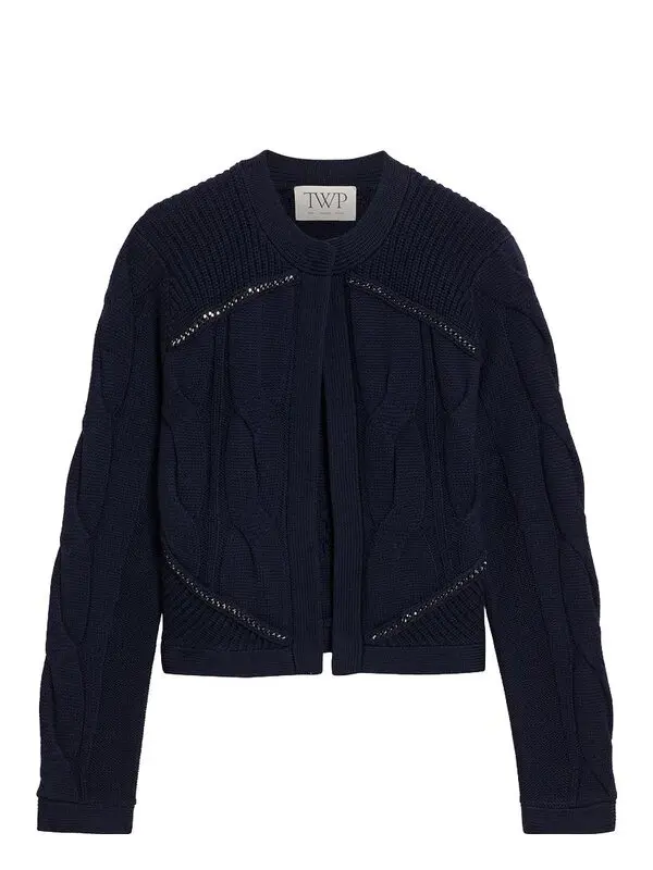 TWP Chain-embellished Cable-knit Merino Wool Cardigan - Navy