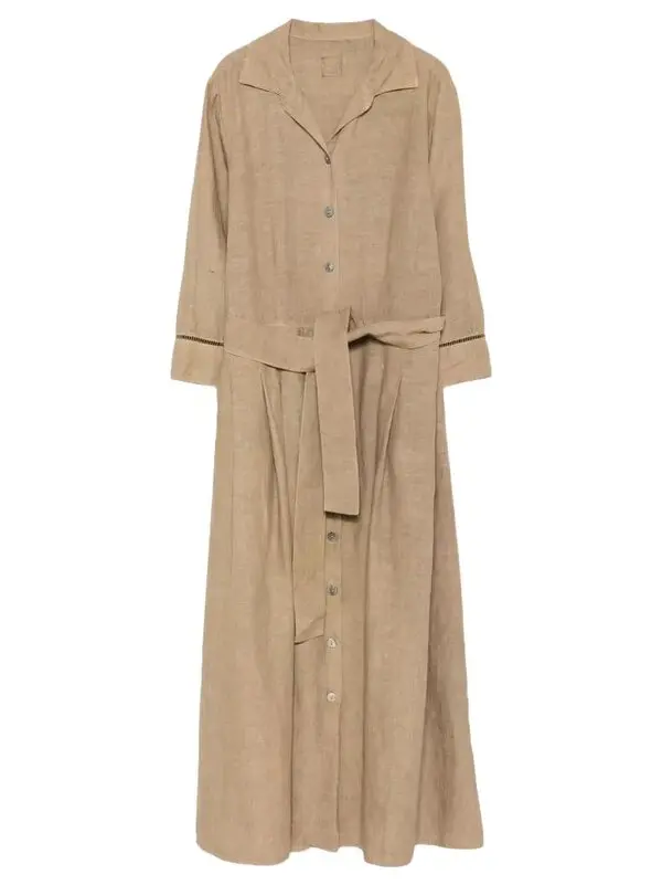 120% Lino Belted Ladder-stitch Midi Dress - Brown