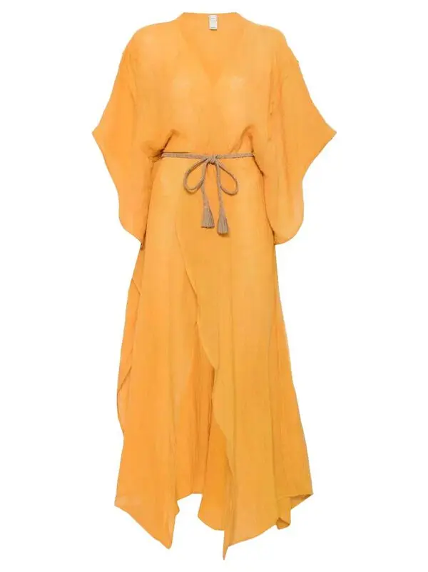 120% Lino Tassel-detail Belted Maxi Dress - Orange