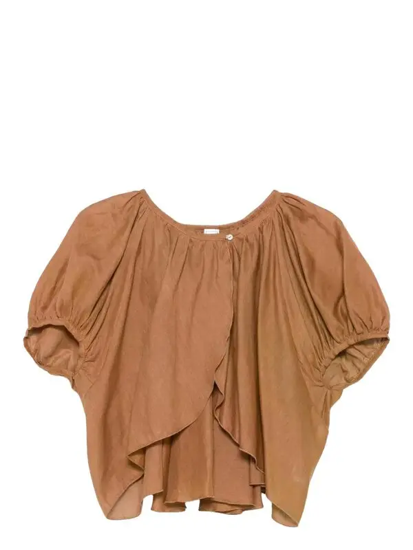 120% Lino Puff-sleeve Gathered Blouse - Brown