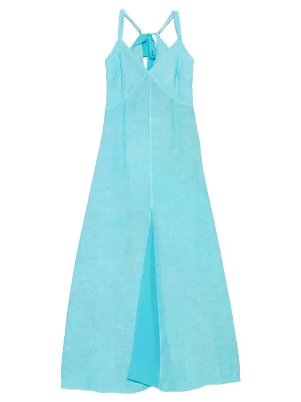 120% Lino Gathered-waist V-neck Maxi Dress - Blue