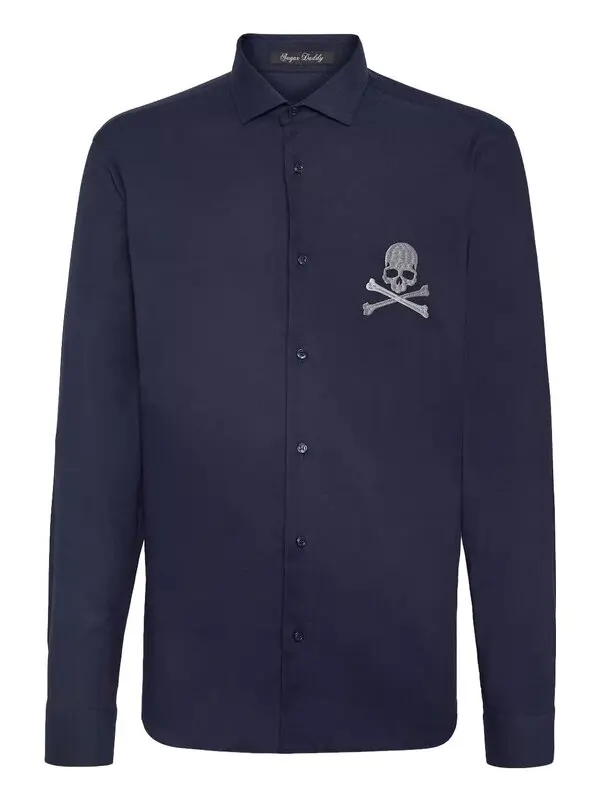 Philipp Plein Skull-embroidered Poplin Shirt - Blue