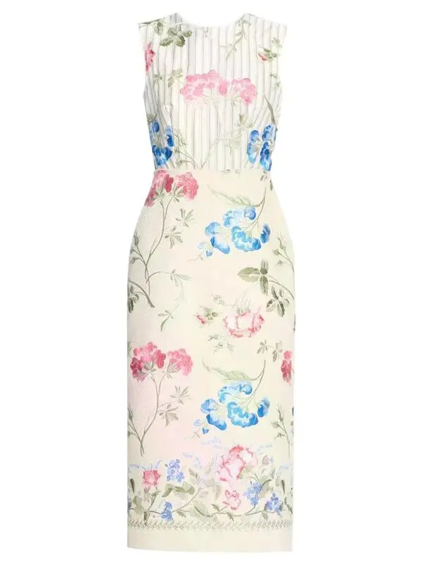 Erdem Floral-embroidered Striped Midi Dress - Neutrals