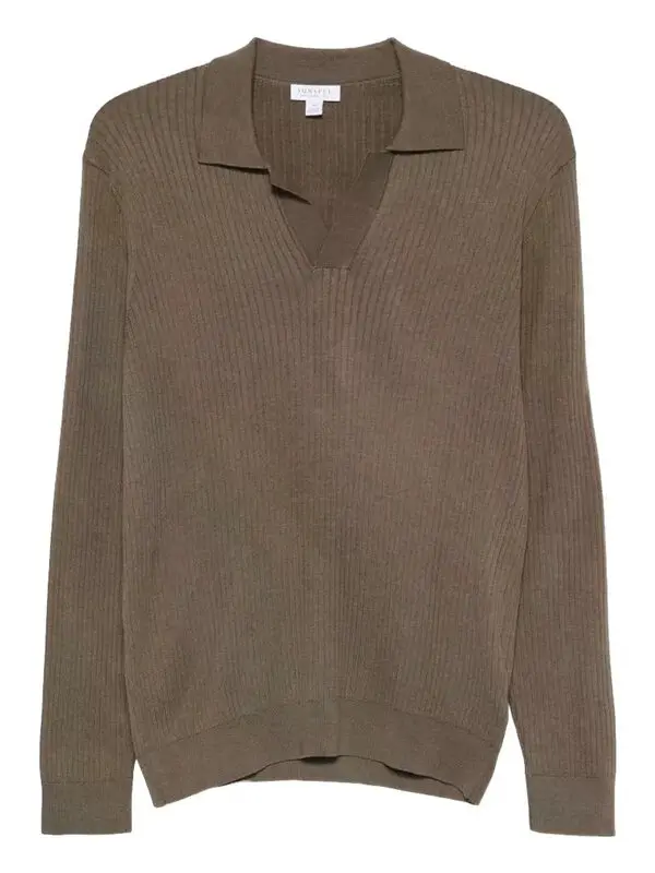 Sunspel Ribbed-knit Long-sleeve Polo Shirt - Brown