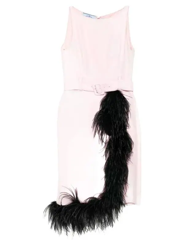 Prada Feather-trim Belted Midi Dress - Pink