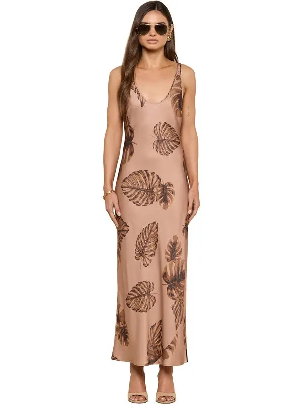 L'Agence Akiya Satin Maxi Dress - Hazelnut Multi Large Palm