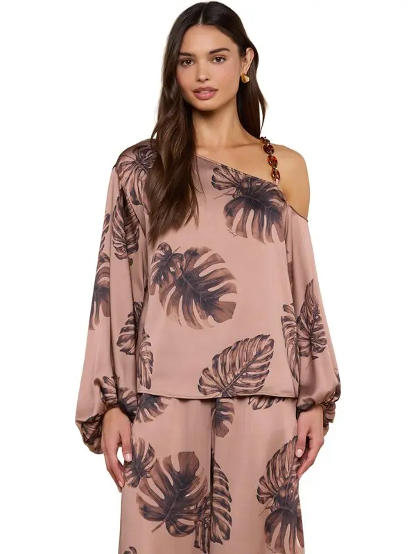 L'Agence Asami Chain One-shoulder Blouse Top - Hazelnut Multi Large Palm