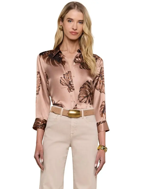 L'Agence Dani Silk Palm Print Blouse - Hazelnut Multi Large Palm