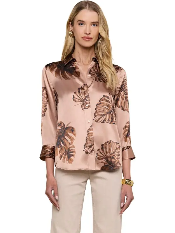 L'Agence Dani Silk Palm Print Blouse - Hazelnut Multi Large Palm