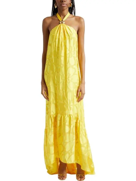 Ramy Brook Zelda Floral Halter Jacquard Gown - Sunshine Burnout