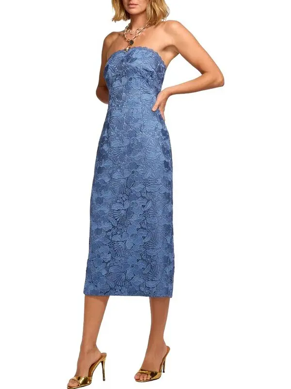 Ramy Brook Tessa Metallic Floral Strapless Lace Sheath Cocktail Dress - Blue Lace