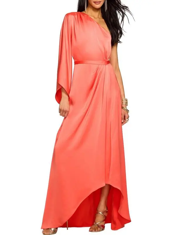 Ramy Brook Opal One-shoulder Satin Gown - Coral