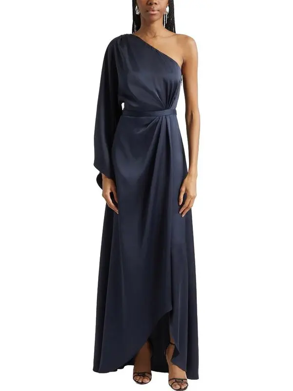 Ramy Brook Opal One-shoulder Satin Gown - Navy