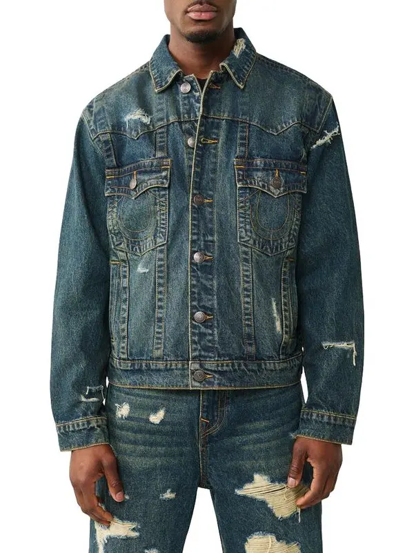 True Religion Jimmy Destroyed Oversized Denim Jacket - Rusted Denim Dark Wash