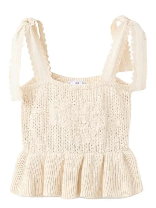 Mango Amelie Tie Shoulder Crochet Peplum Top - Ecru