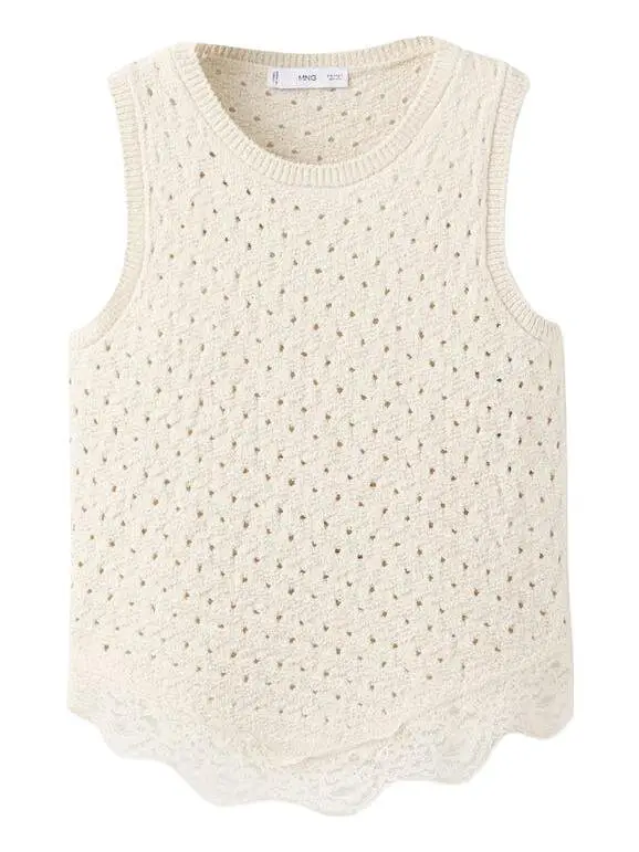Mango Lace Trim Pointelle Sleeveless Sweater - Light Beige