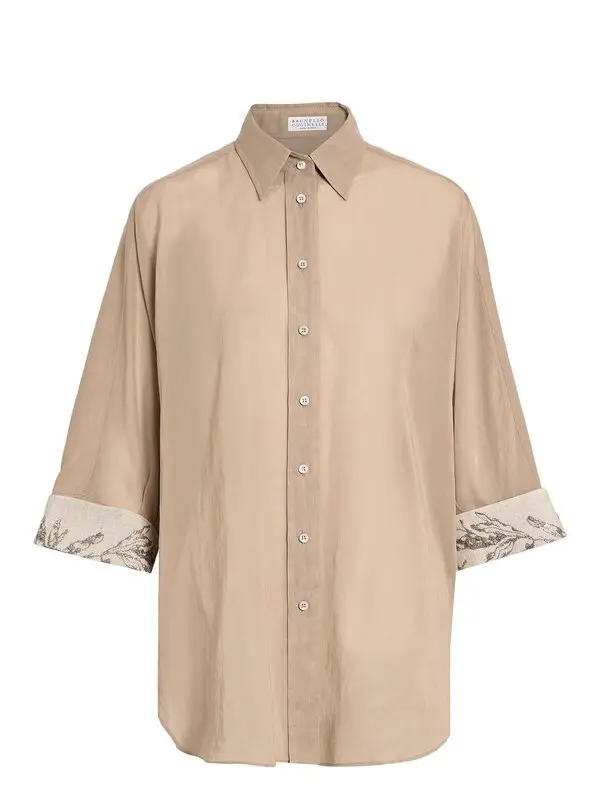 Brunello Cucinelli Metallic Embroidered Cotton-organza Shirt - Mushroom