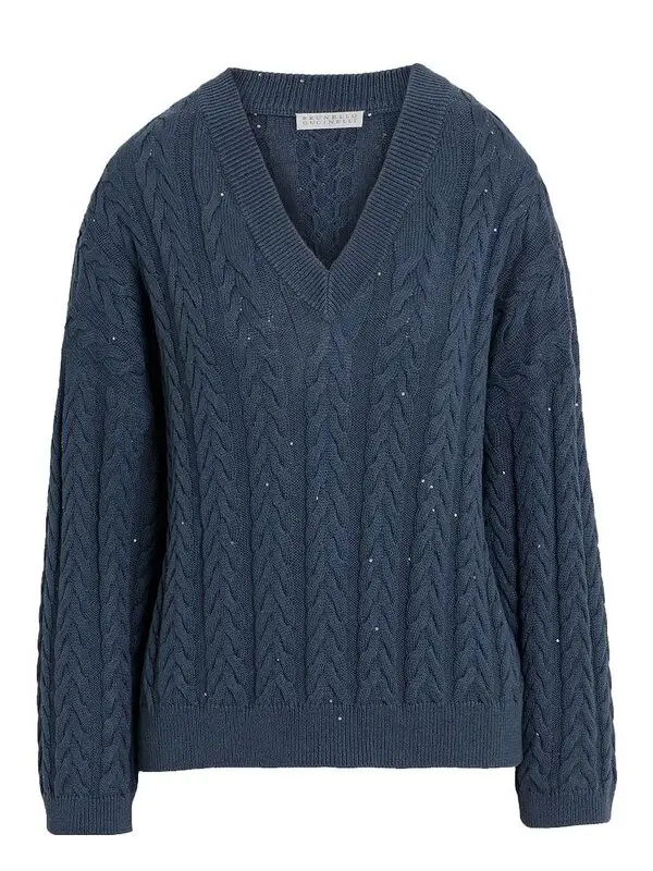 Brunello Cucinelli Sequin-embellished Cable-knit Cotton-blend Sweater - Navy