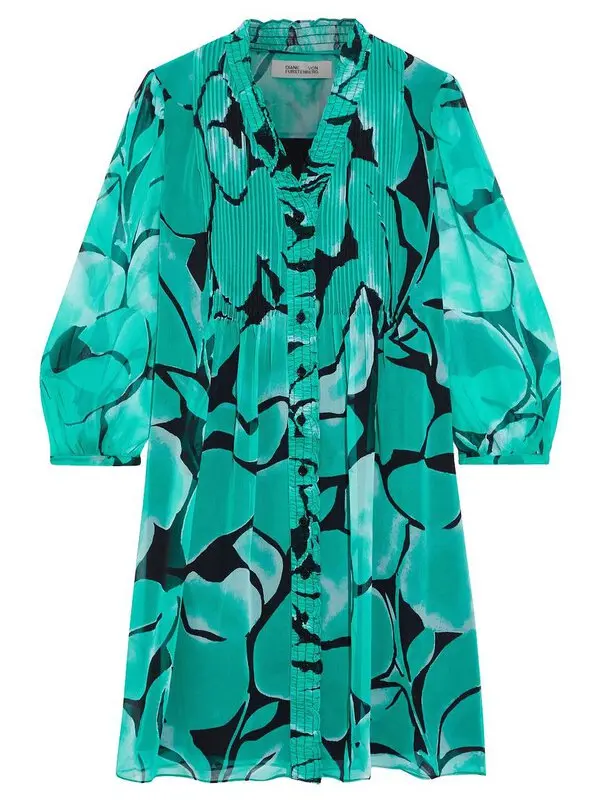 Diane Von Furstenberg Layla Pintucked Printed Silk-chiffon Mini Dress - Jade