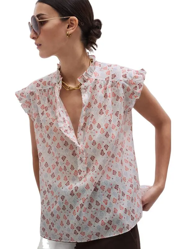 ME+EM Cotton Geo Leaves Print Top - Light Cream/multi