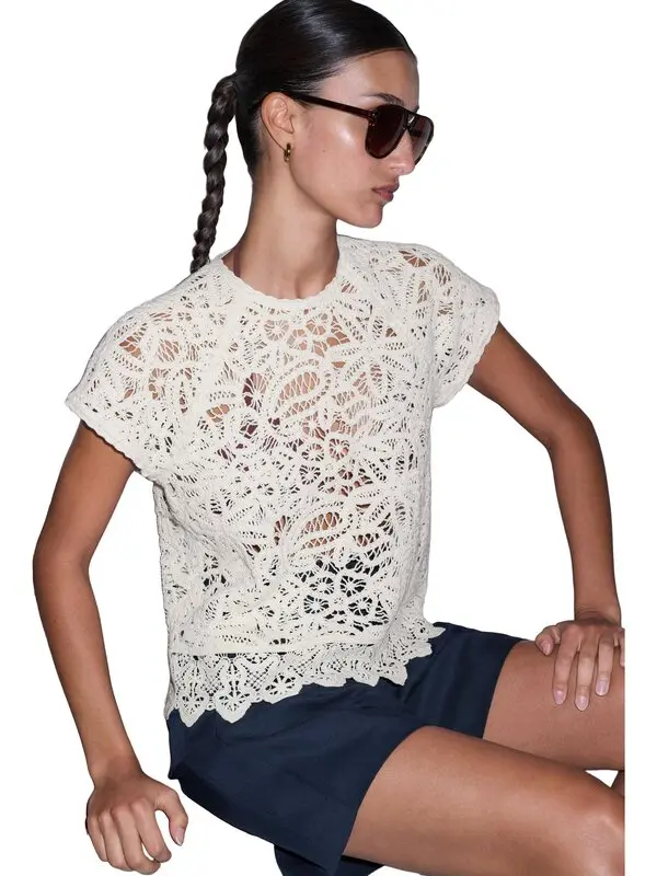 ME+EM Cotton Crochet Cropped Top - Light Cream