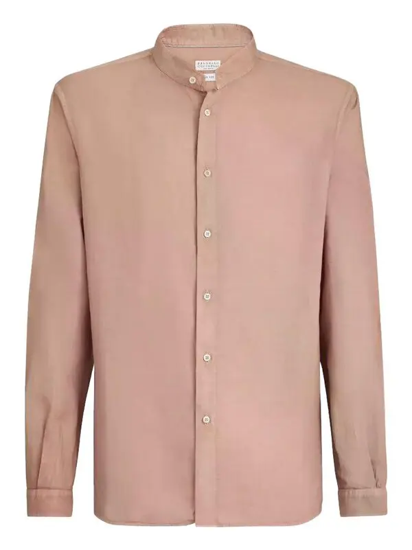 Brunello Cucinelli Garment-dyed Easy Fit Shirt In Cotton And Linen Pinpoint With Mandarin-collar - Neutrals