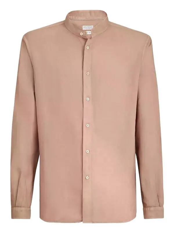 Brunello Cucinelli Garment-dyed Shirt In Cotton And Linen Pinpoint With Mandarin Collar - Neutrals