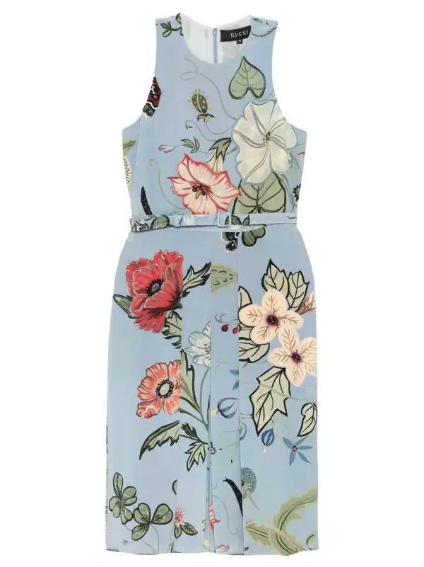 Gucci Flora Knight Printed Silk Dress - Blue