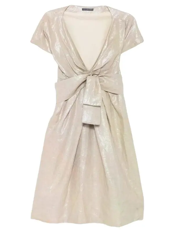 Alexander McQueen Metallic Draped Linen Midi Dress - Gold