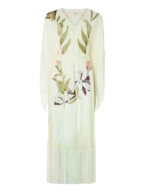 TEMPERLEY LONDON Madeline Floral-embroidered Fringed Kaftan - Neutrals