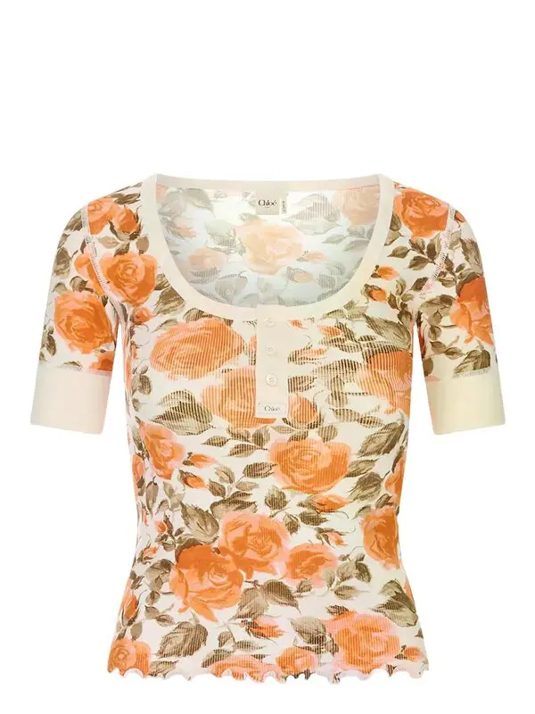 Chloé Floral-print Ribbed-knit T-shirt - Neutrals