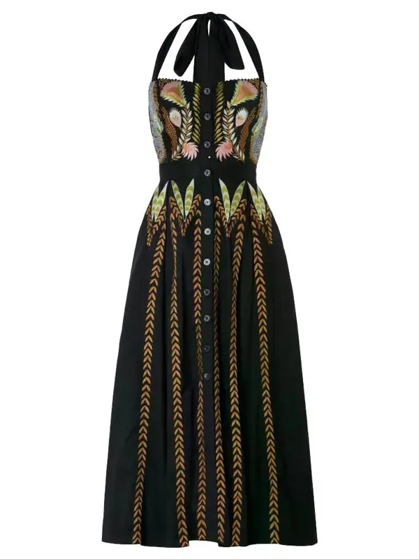 TEMPERLEY LONDON Juniper Embroidered Halterneck Midi Dress - Black