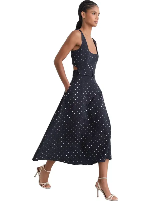 REISS Orielle Polka Dot-print Belted Midi Dress - Navy