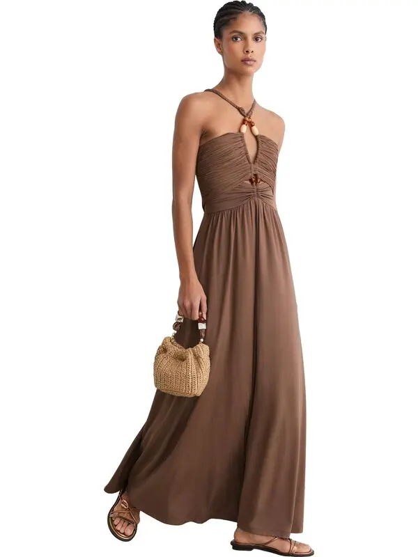 REISS Eloise Jersey Bead-detail Ruched Maxi Dress - Taupe Brown