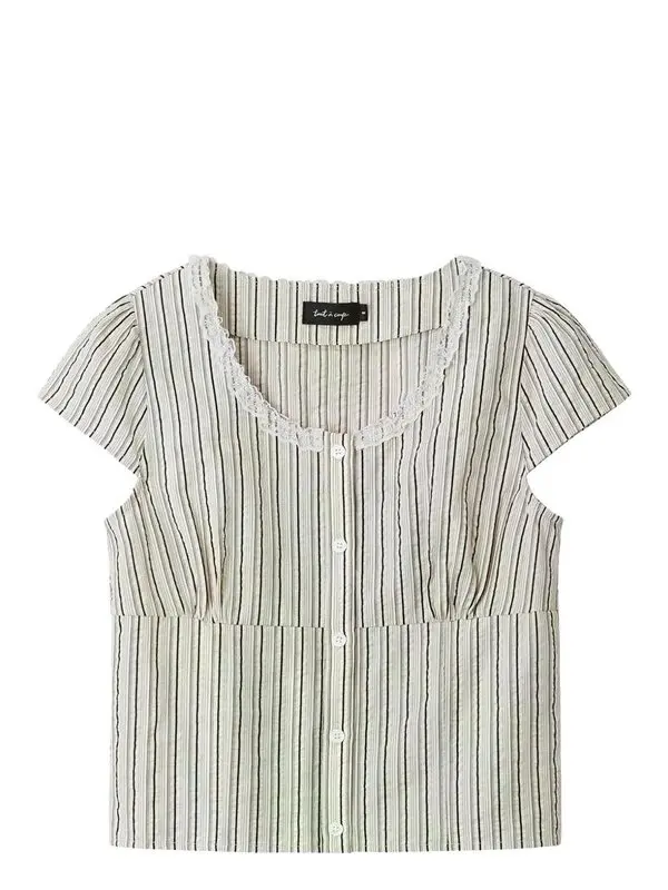 TOUT A COUP Stripe-print Lace-trimmed Blouse - Neutrals