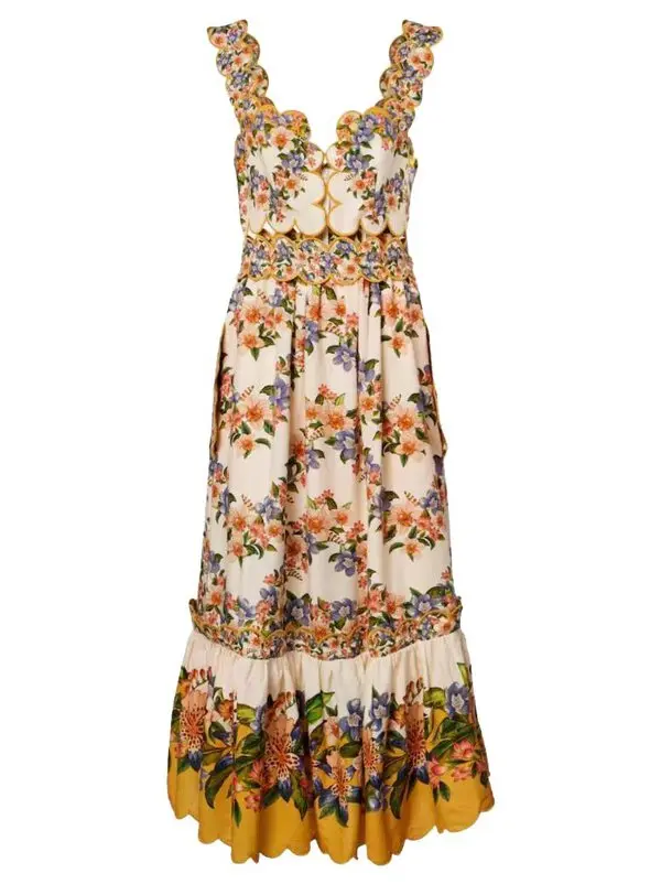Farm Rio Floral-print Scalloped Dress - Neutrals