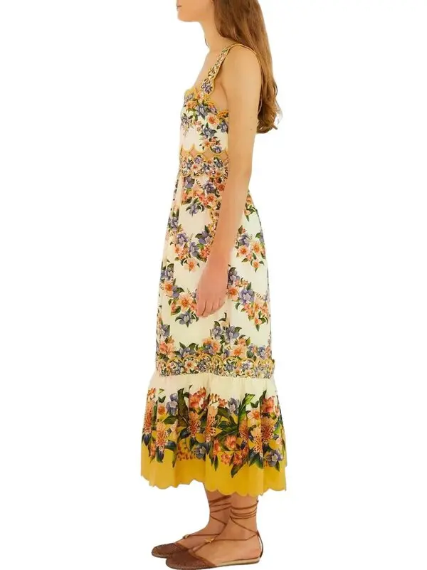Farm Rio Floral-print Scalloped Dress - Neutrals