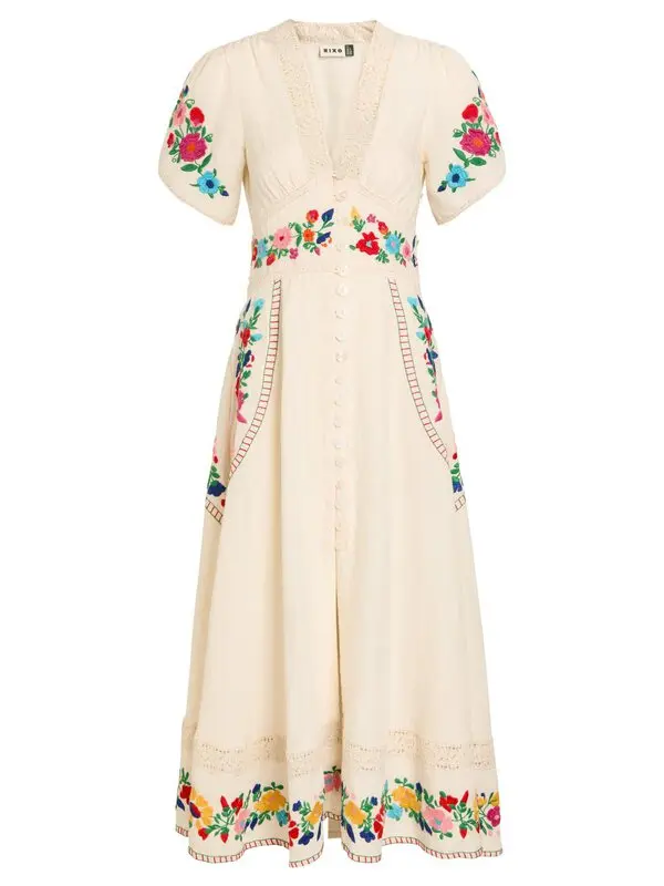 Rixo Novara Floral-embroidered Linen-blend Midi Dress - White